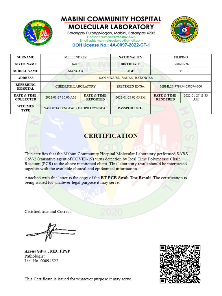 COVID-19 RT-PCR Test Certification | PDF