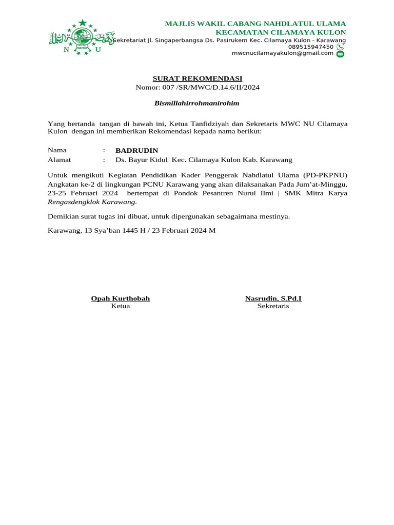 Surat Rekomendasi MWC | PDF