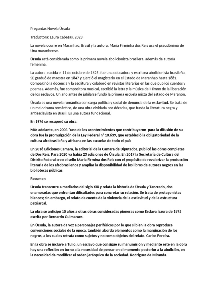 Preguntas Novela Úrsula | PDF