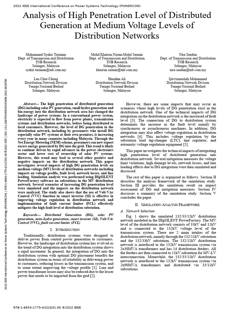 Analysis of High Penetration Level of Distributed Generation at Medium Voltage Levels of ...