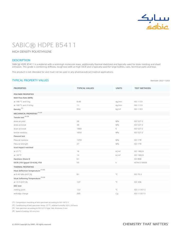 SABIC HDPE B5411 Datasheet Overview | PDF | Materials | Physical Sciences