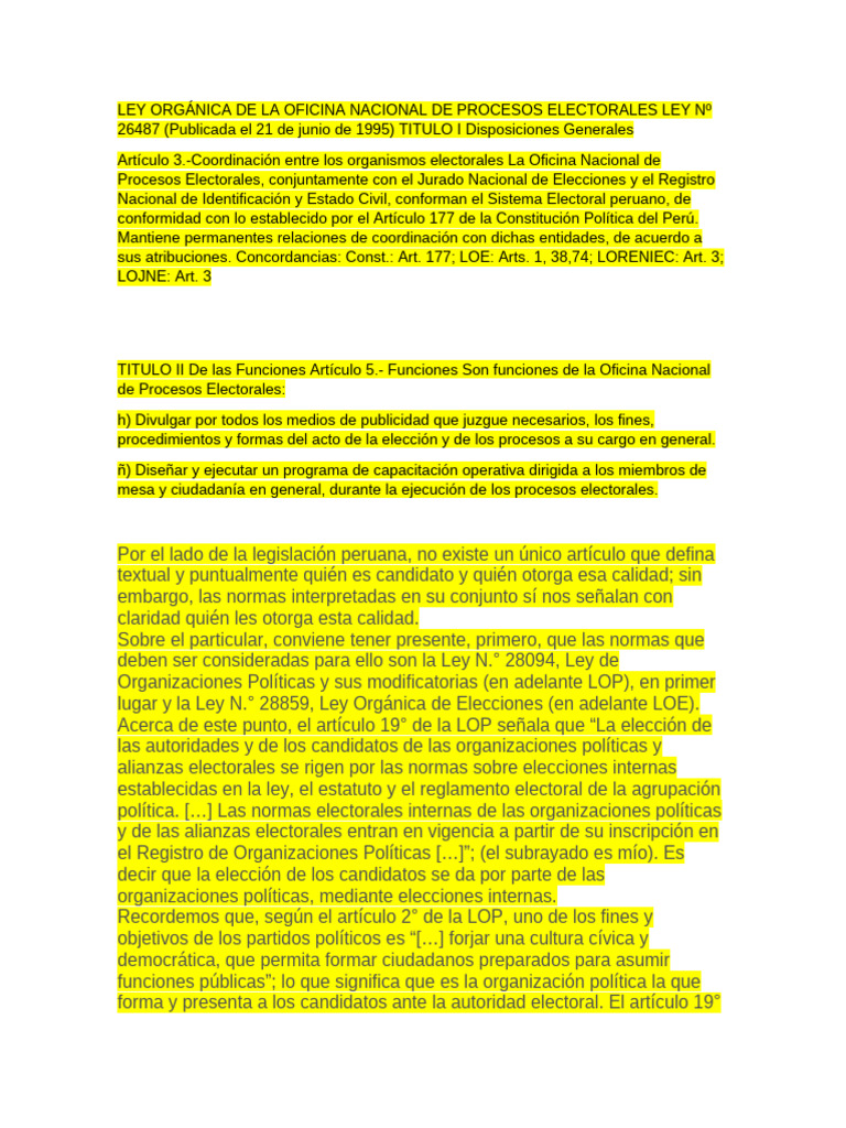 Ley Orgánica de La Oficina Nacional de Procesos Electorales Ley #26487 | PDF | Elecciones ...