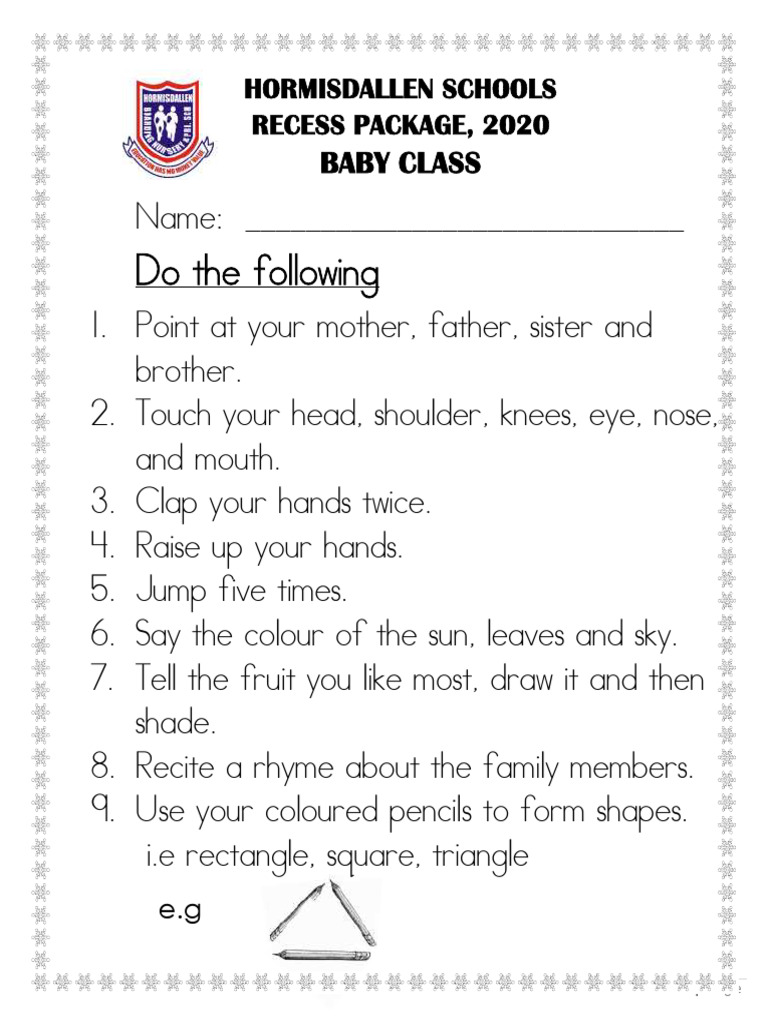 BABY CLASS RECESS PACKAGE, 2020 HORMISDALLEN SCHOOLS pdf | PDF