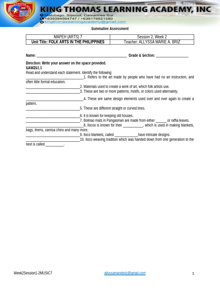 Folk Arts in the Philippines Assessment | PDF
