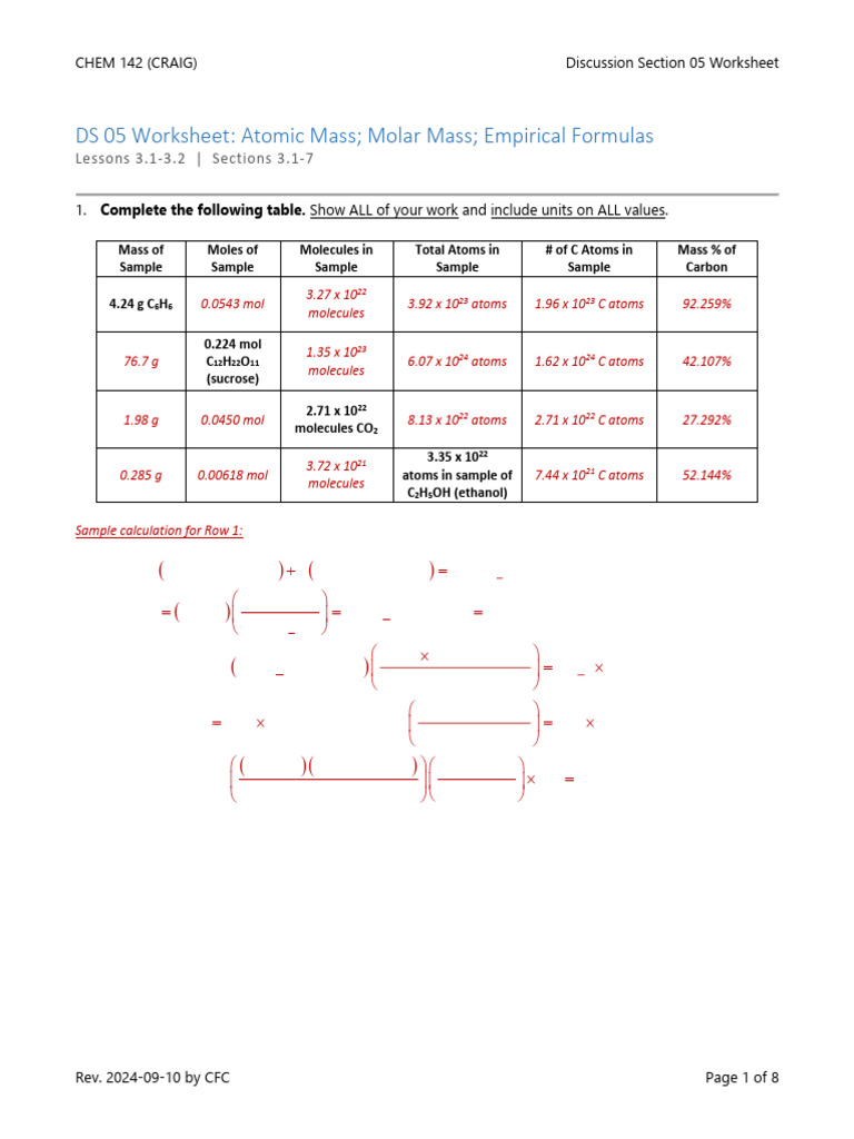 Au24 142 DS05 (KEY) EmpFormulasChemEqnsStoich | PDF | Mole (Unit) | Chemistry