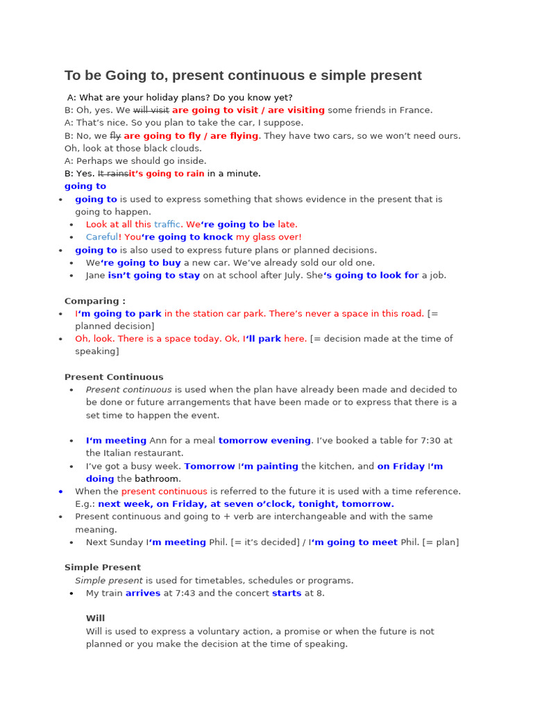 Future Going To, Will, Pres Cont and Simple Pres | PDF