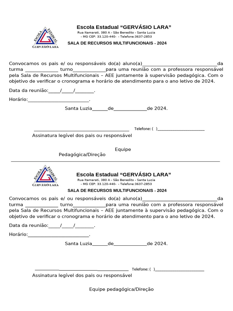 Bilhete para Reunião Com Pais 2024 Sala de Recursos. | PDF