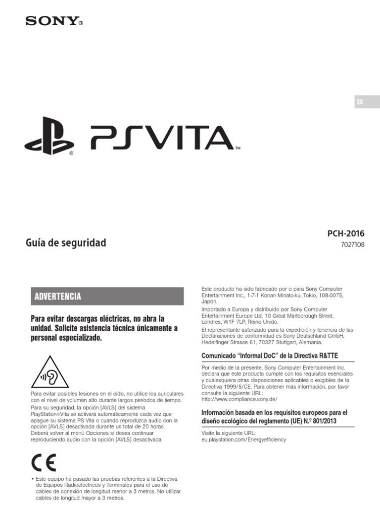 ES - PS Vita 2.2G PCH-2016 - Safety Guide - WEB | PDF | Conector eléctrico | Residuos