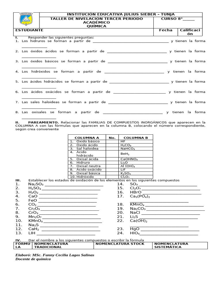 Taller de Química: Compuestos Inorgánicos | PDF | Moléculas | Elementos ...