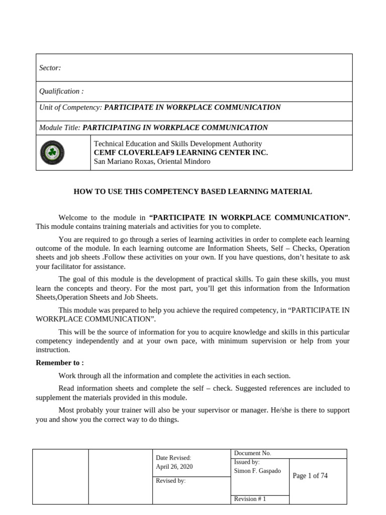 01 Participate in Workplace Communication | PDF | Part Of Speech | Adverb