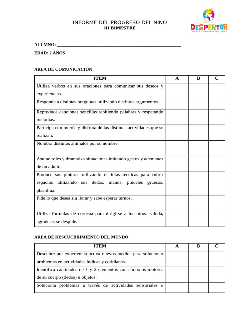 Informe de Progreso Infantil | PDF