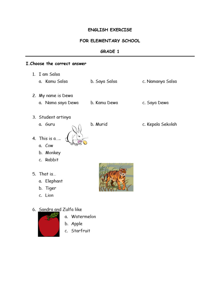 English Exercise Grade 1 Elementary School - Compress | PDF