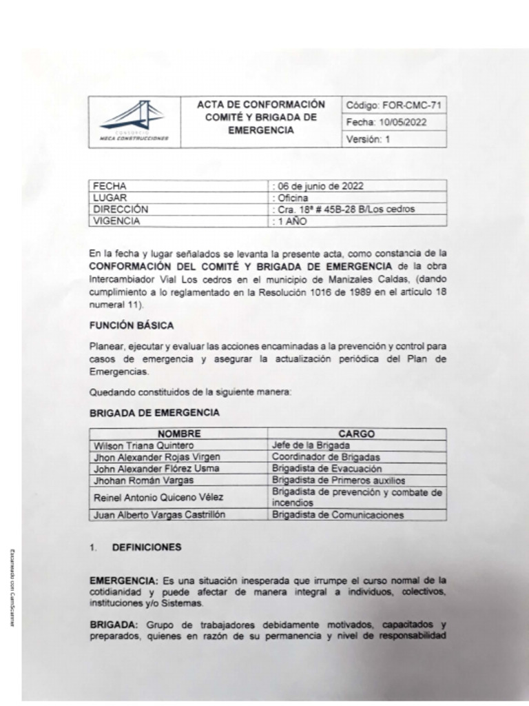 2022-06-06 Acta Conformacion Cómite y Brigada de Emergencia V1 | PDF