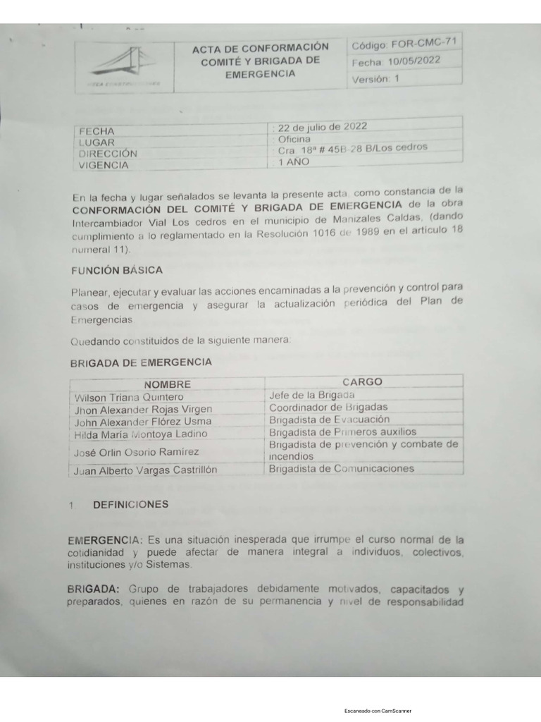 2022-07-22 Acta Conformacion Cómite y Brigada de Emergencia v2 | PDF