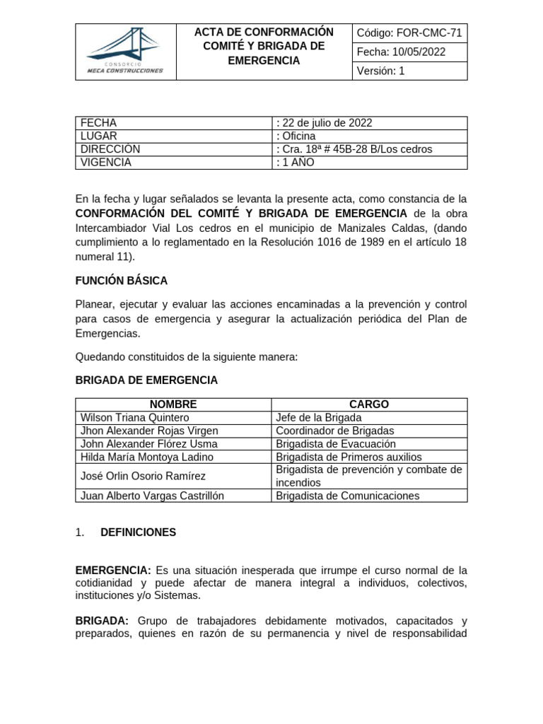 For-CMC-71 Acta de Conformación Comité y Brigada de Emergencia | PDF | Primeros auxilios