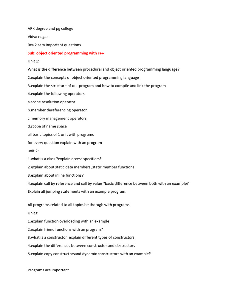 BCA Sem 2 Important Programming Questions | PDF | C++ | Constructor ...