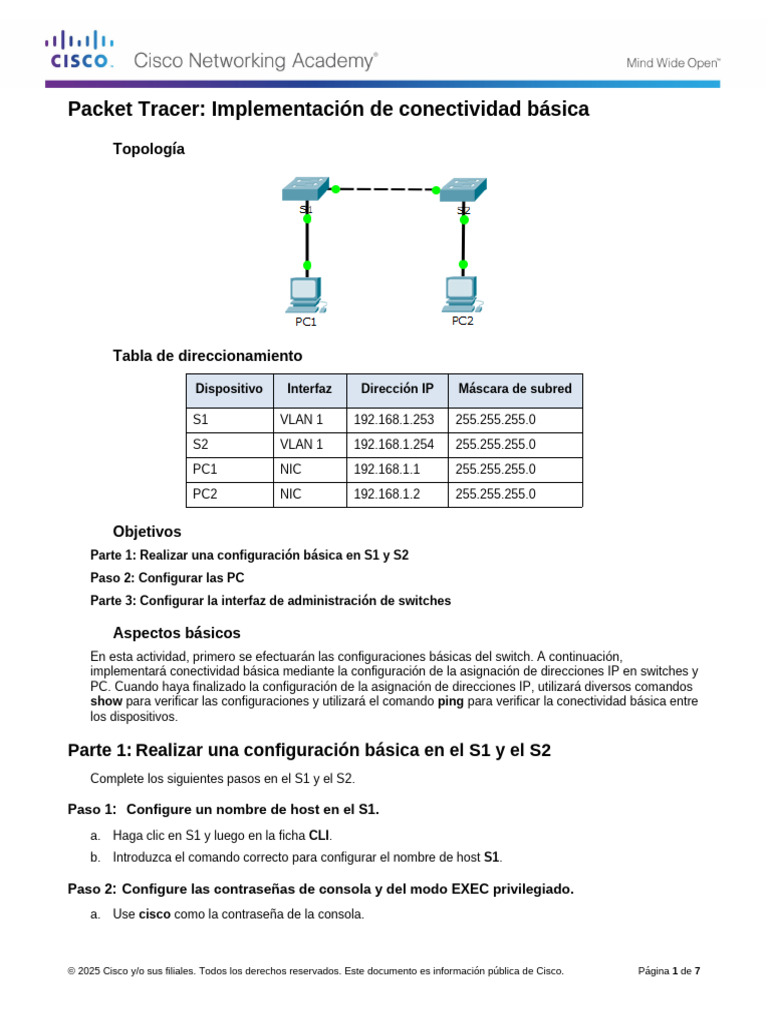2.3.2.5 Packet Tracer - Implementing Basic Connectivity | PDF | Dirección IP | Conmutador de red