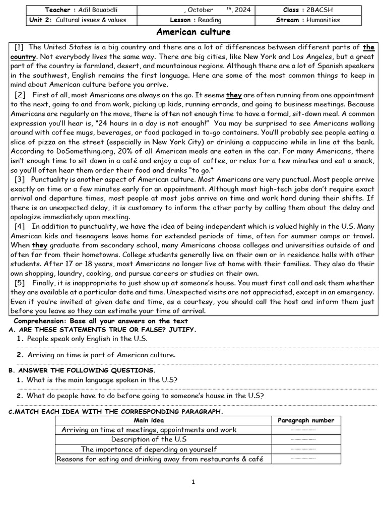 Reading Comprehension 2bac UNIT 2 CULTURAL VALUES | PDF