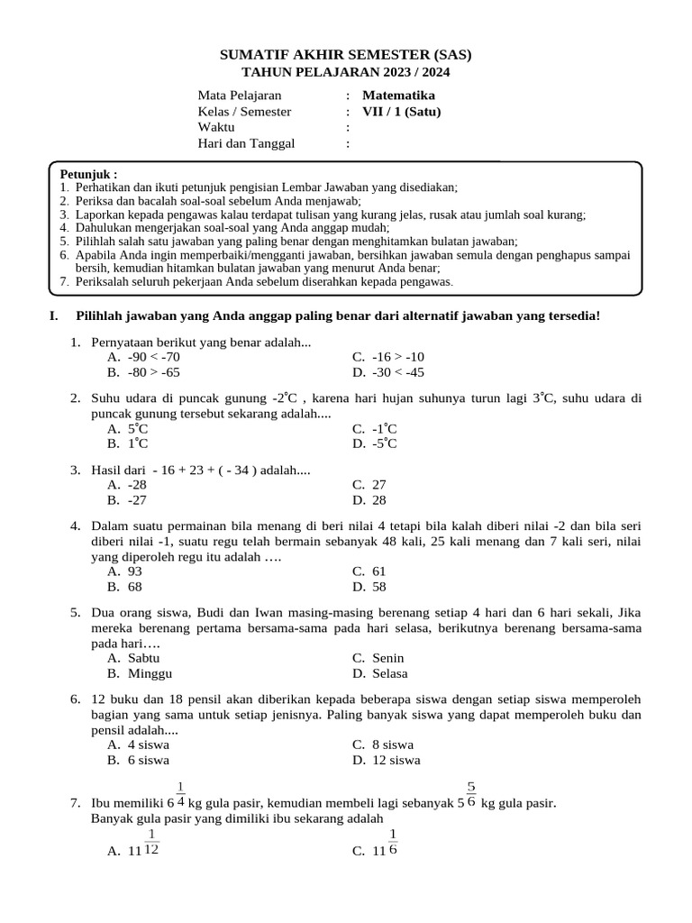 Ujian Matematika Kelas VII | PDF
