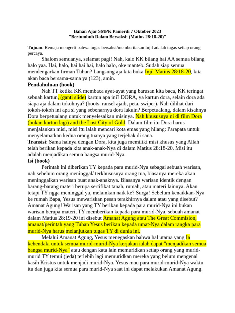 Lesson Plan Remaja (SMP) - Matius 28:18-20 | PDF