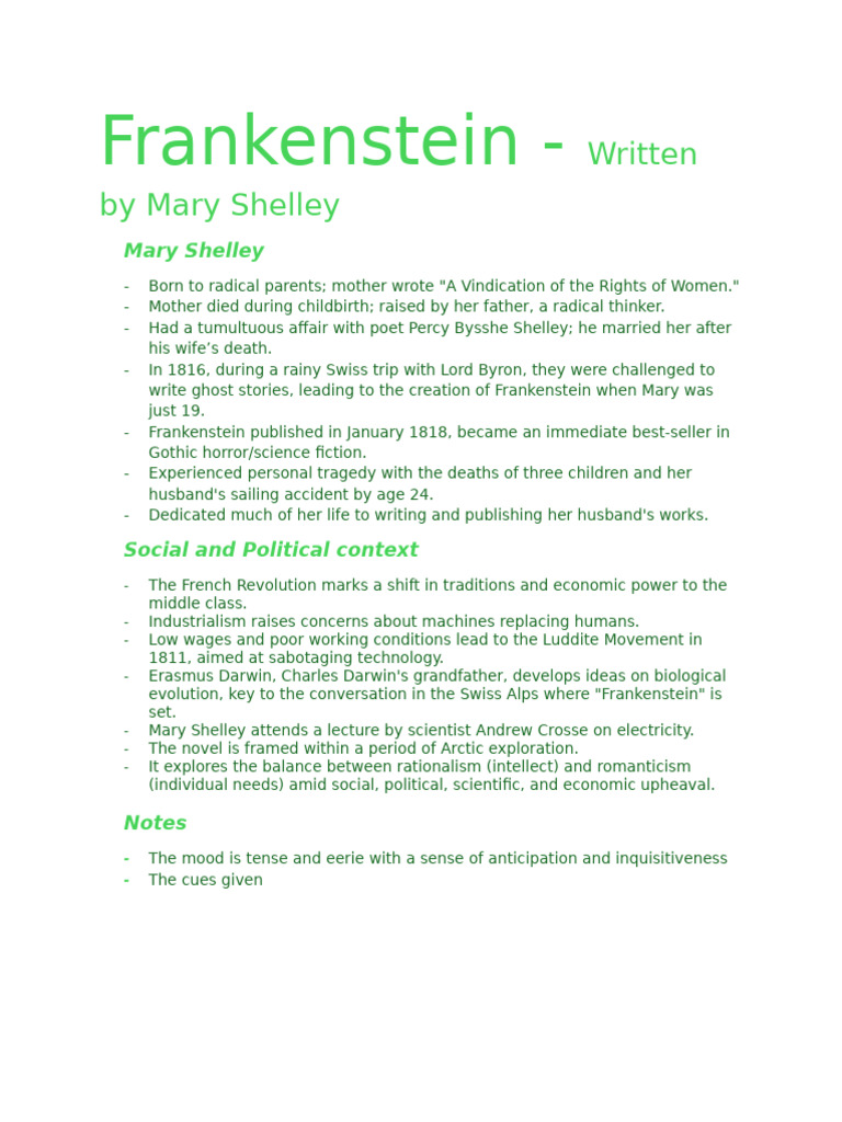 Mary Shelley's Frankenstein: Origins & Context | PDF