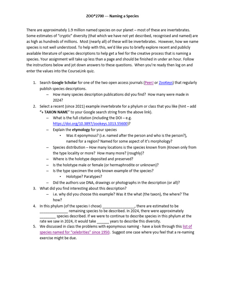 Naming a Species assignment-W25 | PDF | Species | Biological Classification