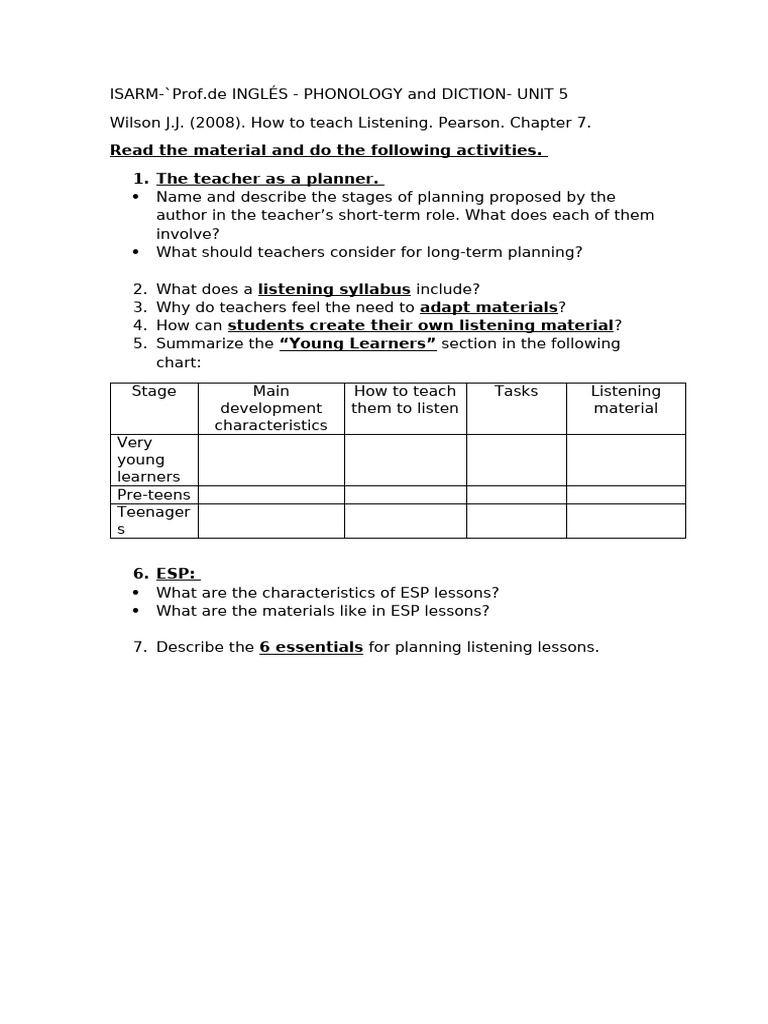 Task Preparatiom and Planning Listening - Chapter 7 | PDF