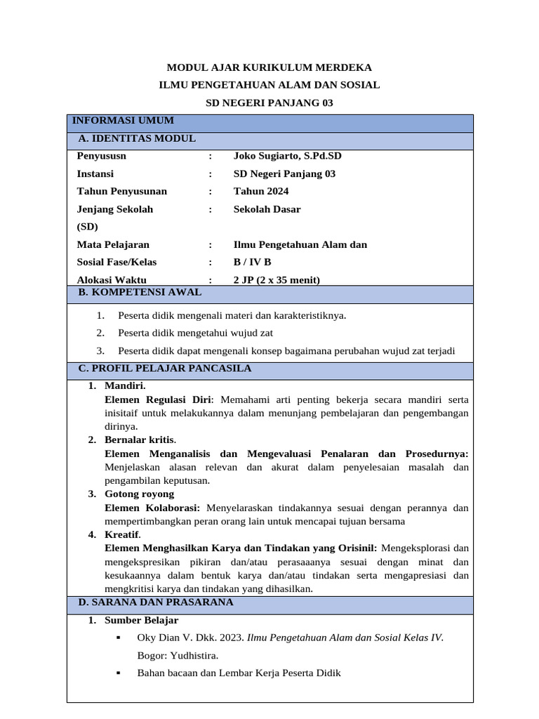 Modul Ajar Ipas Kelas 4 Perubahan Wujud Benda Ok | PDF