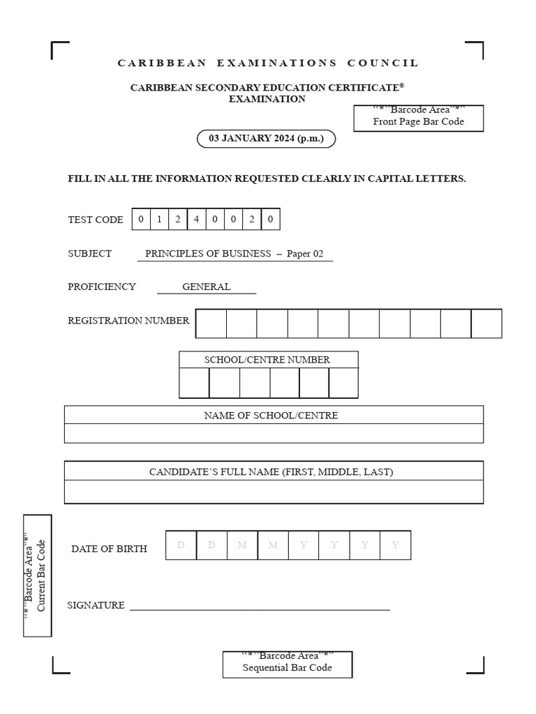 CSEC Principles of Business P2 2024 | PDF | Barcode