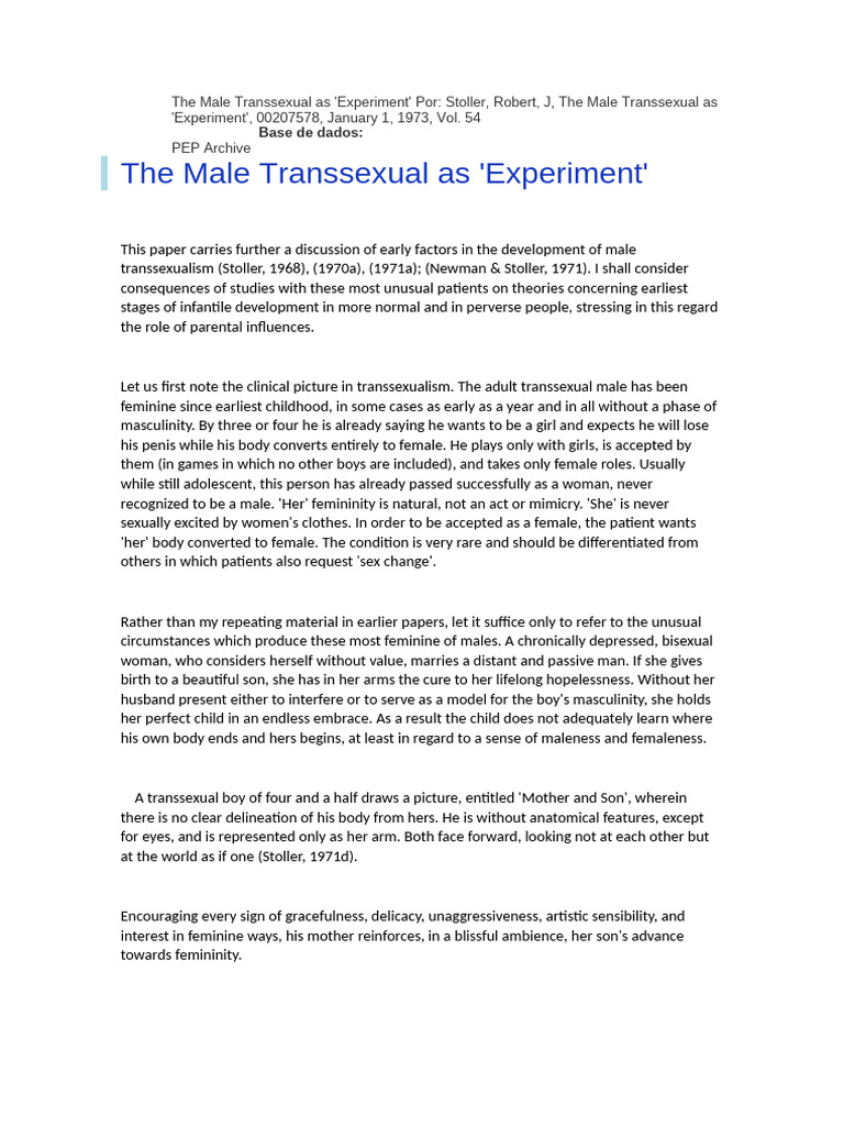 Stoller 1973 The Male Transsexual | PDF | Gender | Gender Studies