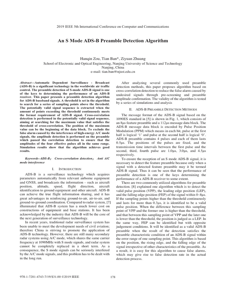 An S Mode ADS-B Preamble Detection Algorithm | PDF | Radar | Signal To Noise Ratio
