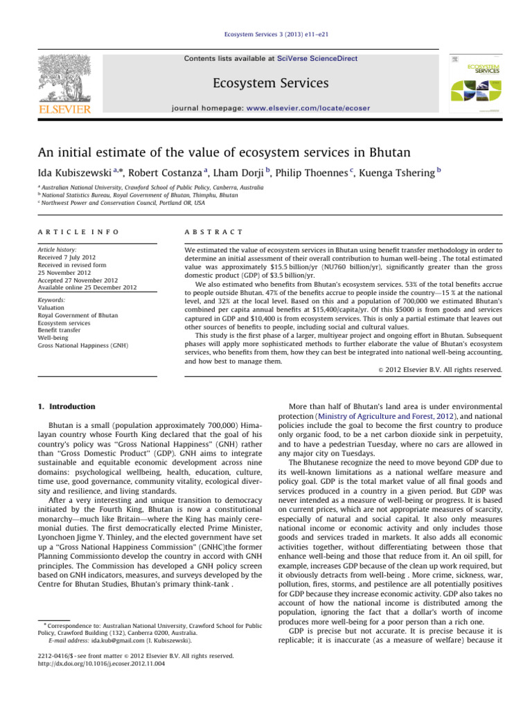 ES - Initial Estimate of The Value of Ecosystem Services in Bhutan ...