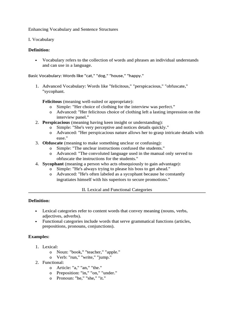 Sentence Structure and Vocabulary | PDF | Part Of Speech | Language ...