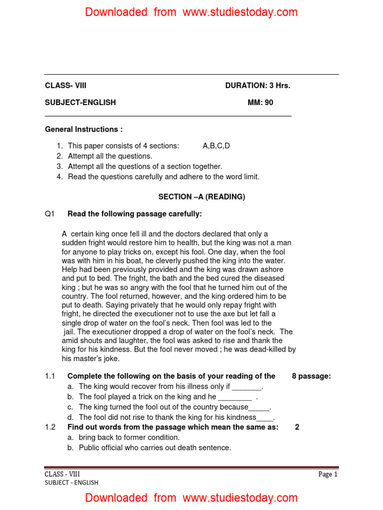 CBSE Class 8 English Sample Paper SA2 2013 | PDF