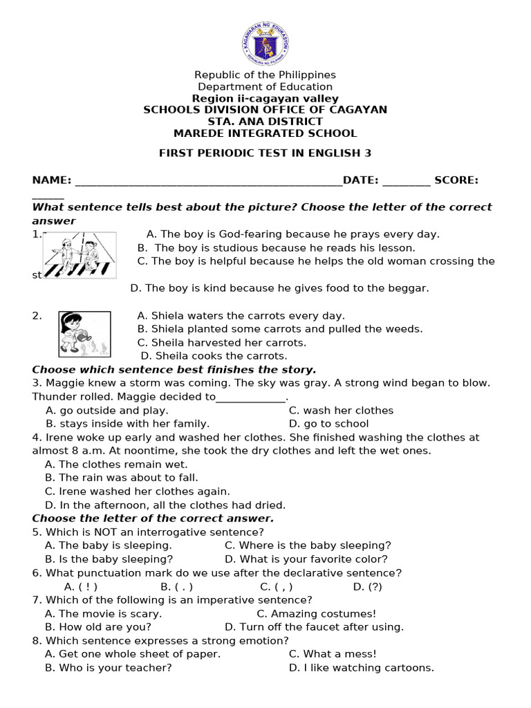 English 3 First Periodic Test | PDF | Sentence (Linguistics) | Semantic ...