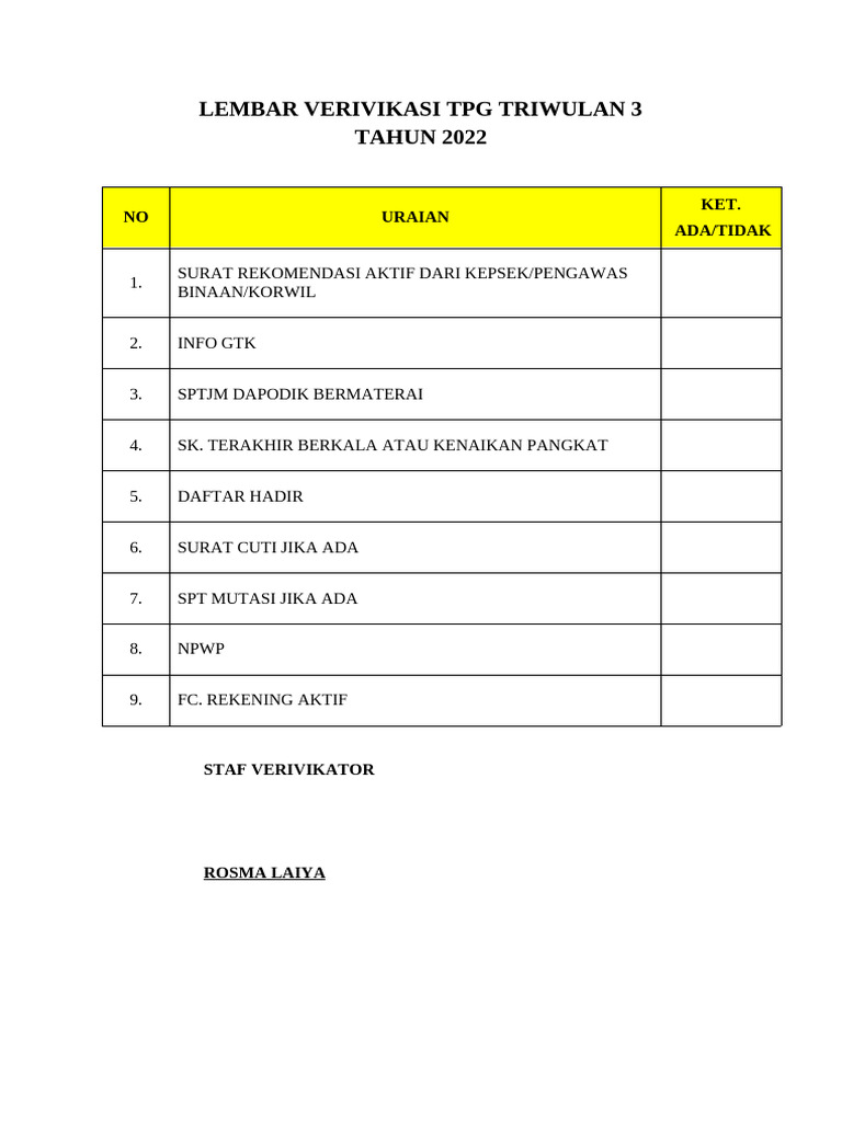 Lembar Verivikasi TPG Triwulan 2 | PDF