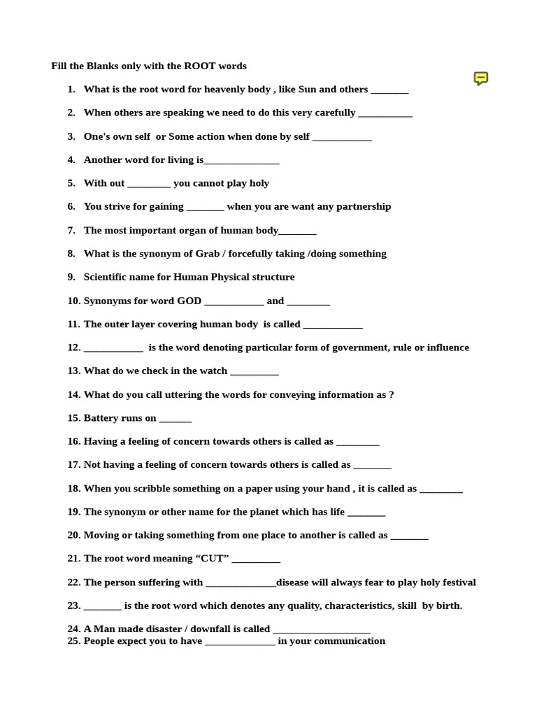 Root Words Fill-in-the-Blank Quiz | PDF