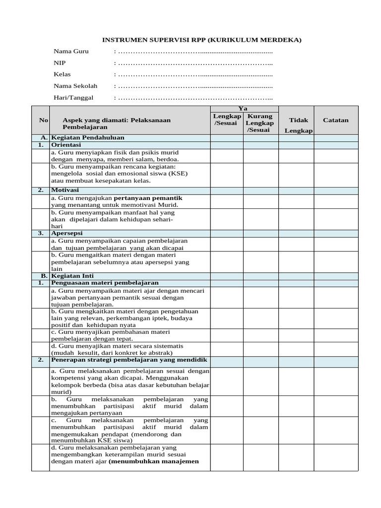 Instrumen Supervisi RPP (Kurmer) | PDF