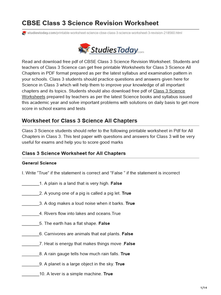 studiestoday.com-CBSE Class 3 Science Revision Worksheet | PDF | Nerve | Central Nervous System