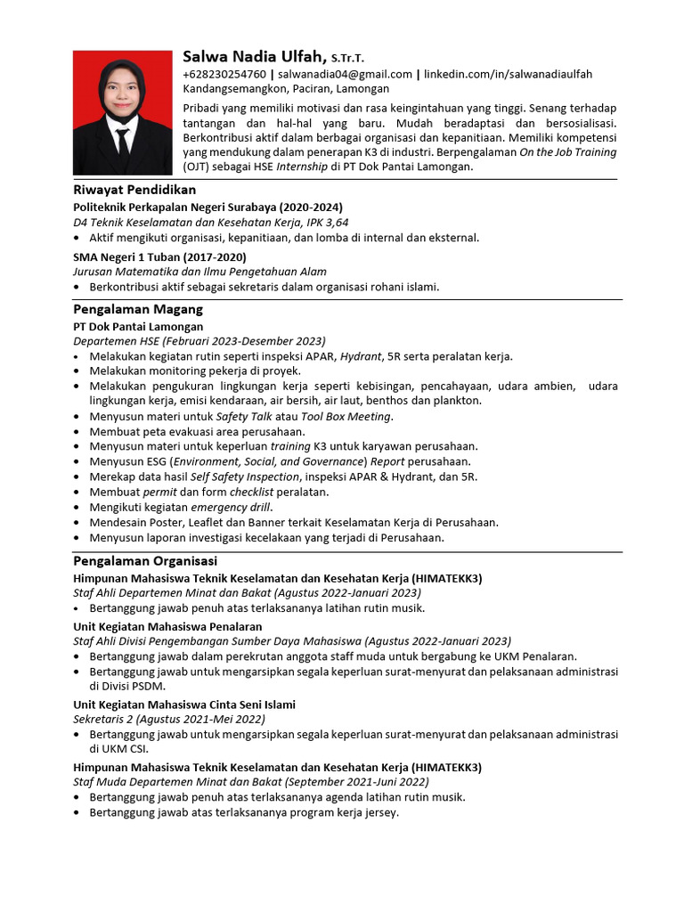 CV Salwa Nadia Ulfah 2024 terbaru | PDF