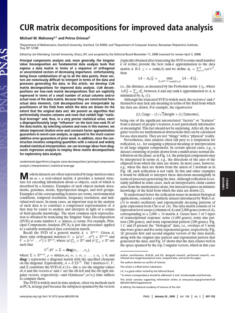 CUR Matrix Decomposition Explained | PDF | Principal Component Analysis | Matrix (Mathematics)