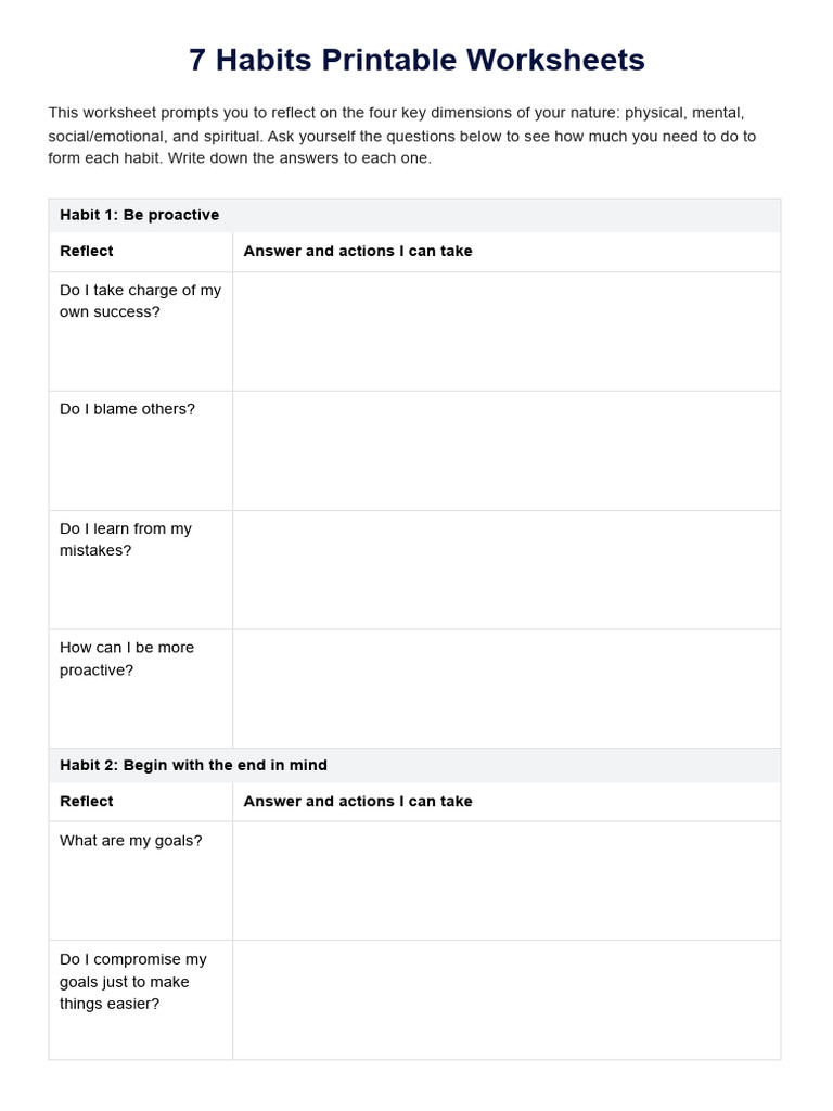 7 Habits Printable Worksheets | PDF