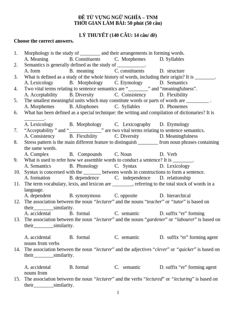 Vocabulary and Semantics Quiz | PDF | Part Of Speech | Word