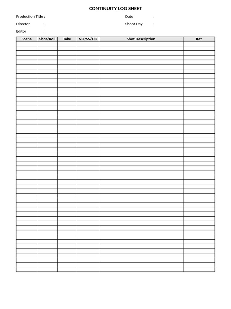 Film Continuity Log Sheet Template | PDF