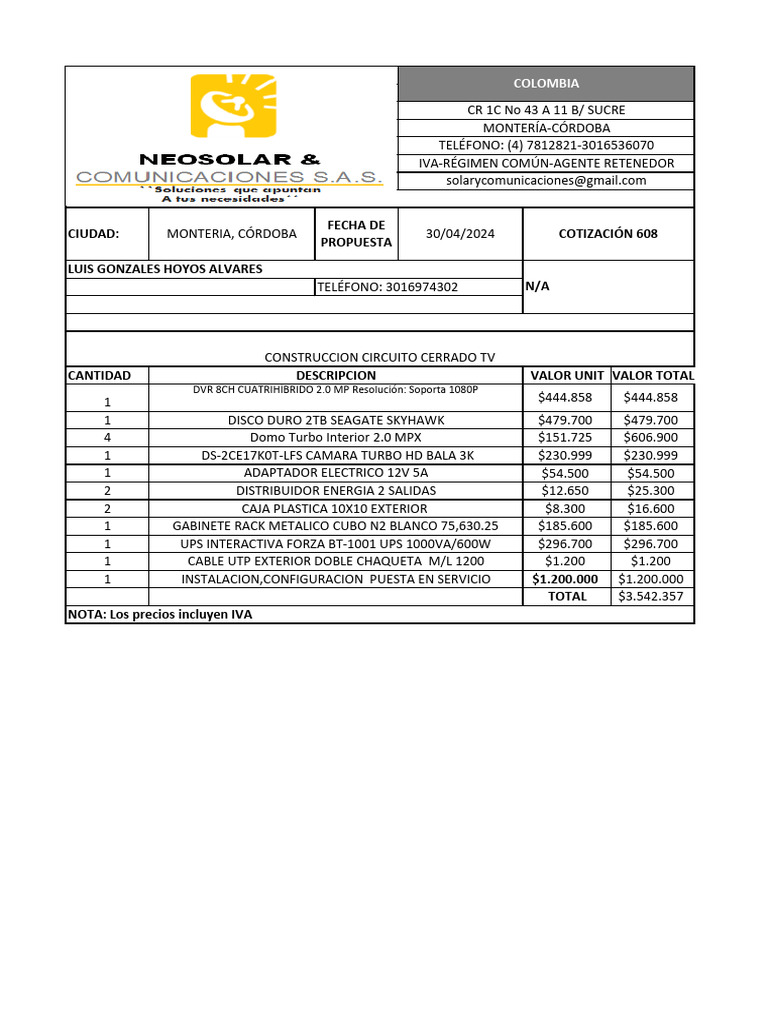 Cotización de CCTV para Chinu | PDF
