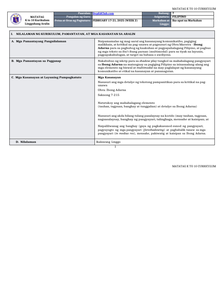 DLL Matatag - Filipino 7 q4 w2 | PDF