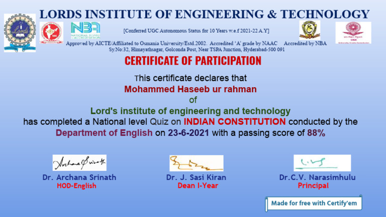 Certificate for Mohammed Haseeb Ur Rahman for "QUIZ on INDIAN ...