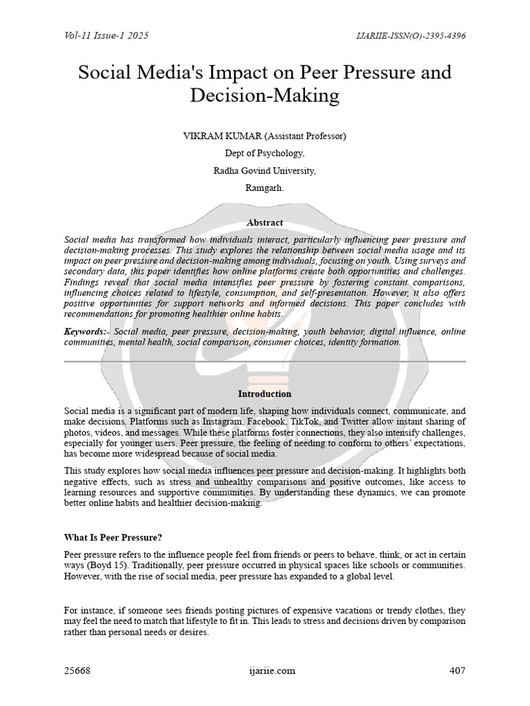 Social Media s Impact on Peer Pressure and Decision Making Ijariie25668 ...