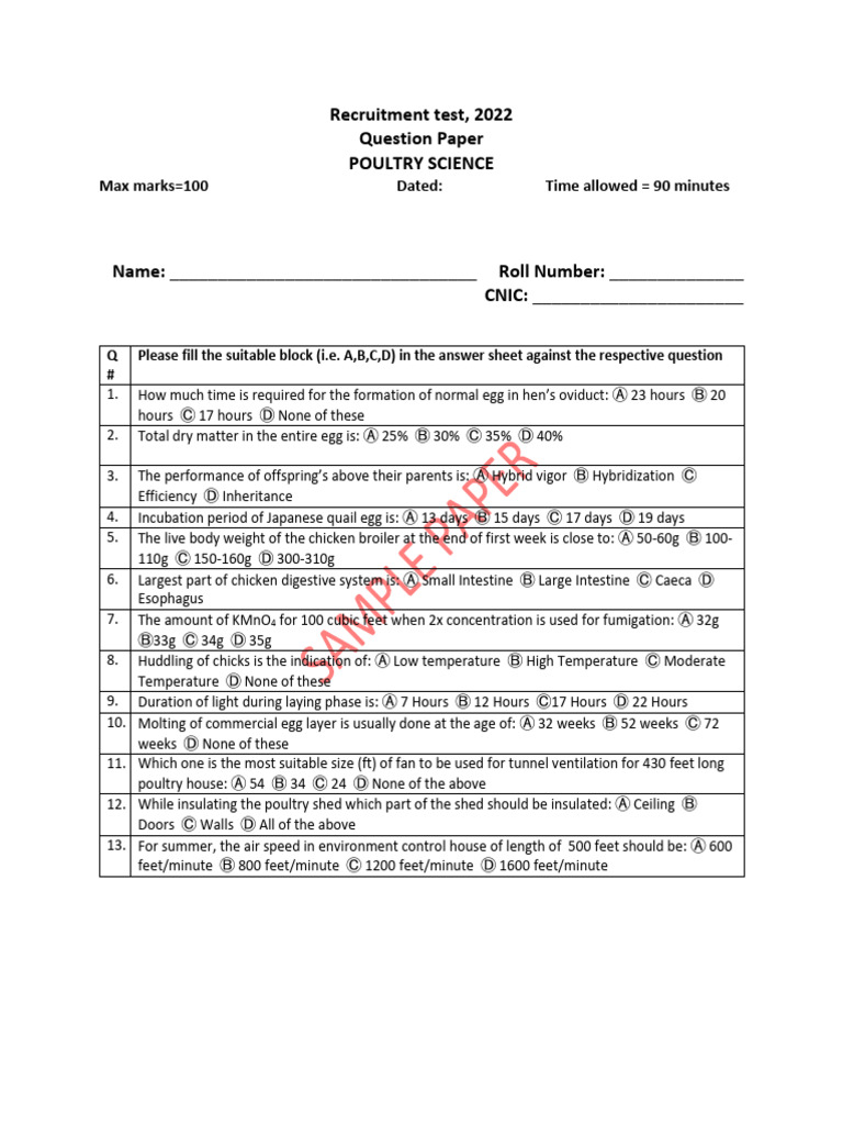 Sample - Question Paper Poultry | PDF