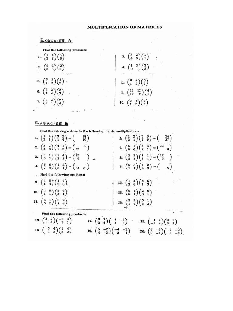 Multiplication of Matrices Ex A & B | PDF